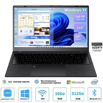 PC portable 15,6IPS Windows 11, 16 Go de RAM 512 Go SSD Intel Celeron ...