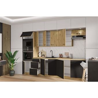 Modena - Cuisine complète 300 cm - Chêne artisan et noir mat - Plan de ...