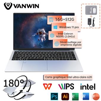 17,3 PC Portable de Jeux VANWIN M173 Rotation à 180° Intel Celeron N5095, RAM 16 Go, SSD 512 Go ...