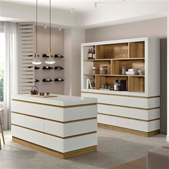 Ensemble meuble de cuisine et ilot ALTOBUY DUALIS - Blanc et chêne ...