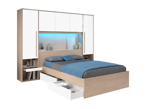 Lit pont 140 x 190 cm avec rangements - Avec LEDs - Coloris : Naturel ...