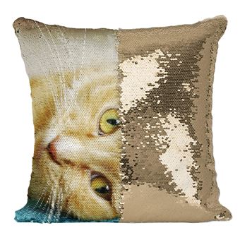Fabulous Coussin avec Housse Sequin - Paillettes Doré Chat Roux Tigré ...