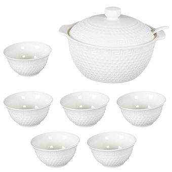 Service à soupe en céramique blanche avec soupière (2,7 L), louche et 6 ...