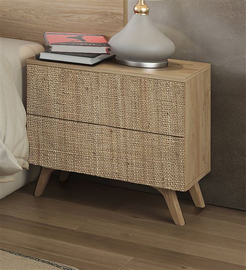 Table de chevet, table de nuit coloris chene cambrian/effet textile - Longueur 52 x Profondeur ...
