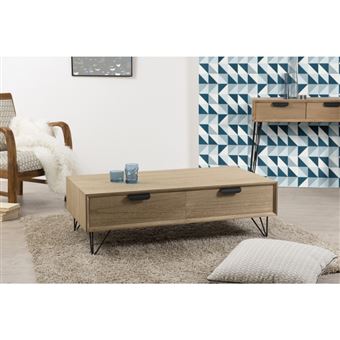 -414€01 sur EDITH - Table basse bois naturel 4 tiroirs pieds épingles ...