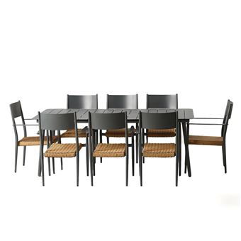 Ensemble table de jardin 200 cm et 8 fauteuils gris foncé effet rotin ...