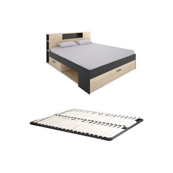 Lit avec tête de lit rangements et tiroirs - 140 x 190 cm - Coloris : Naturel et anthracite ...