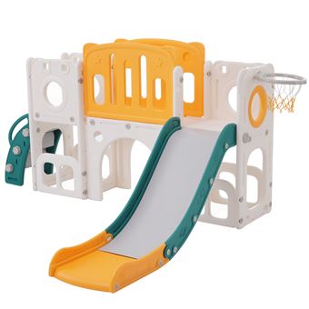 Toboggan 6-en-1 pour enfants avec toboggan, panier de basket et escaliers, vert - Toboggan ...