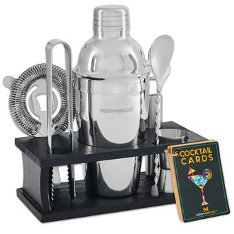 Kit de barman 8 pièces argenté avec support en bois noir, cartes de ...