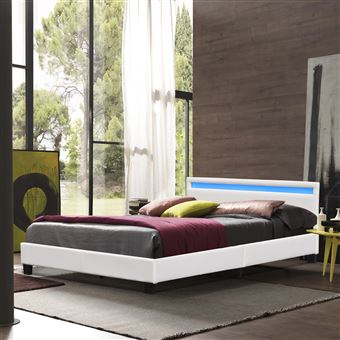 Lit 140x200 Solide et Confortable avec Sommier et Tête de Lit Éclairage ...