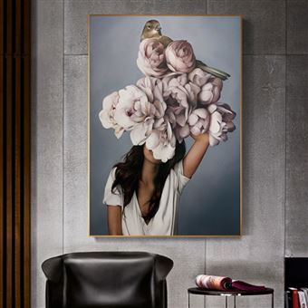 Toile Femme Plumes et Fleurs 30x40cm - Affiche Poster Décoration - Pop ...