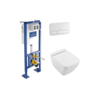 Pack WC suspendu sans bride VILLEROY ET BOCH Finion + abattant + plaque blanche + bâti ...
