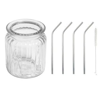 Récipient en verre avec rainures 270 ml + 4 pailles en inox ...