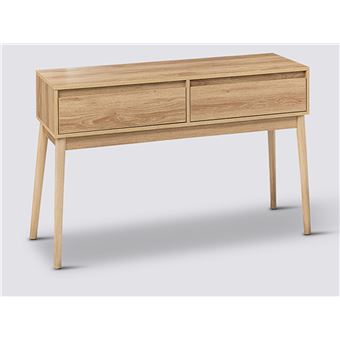 Table console, meuble console avec 2 tiroirs en bois coloris beige - Longueur 114 x Profondeur ...