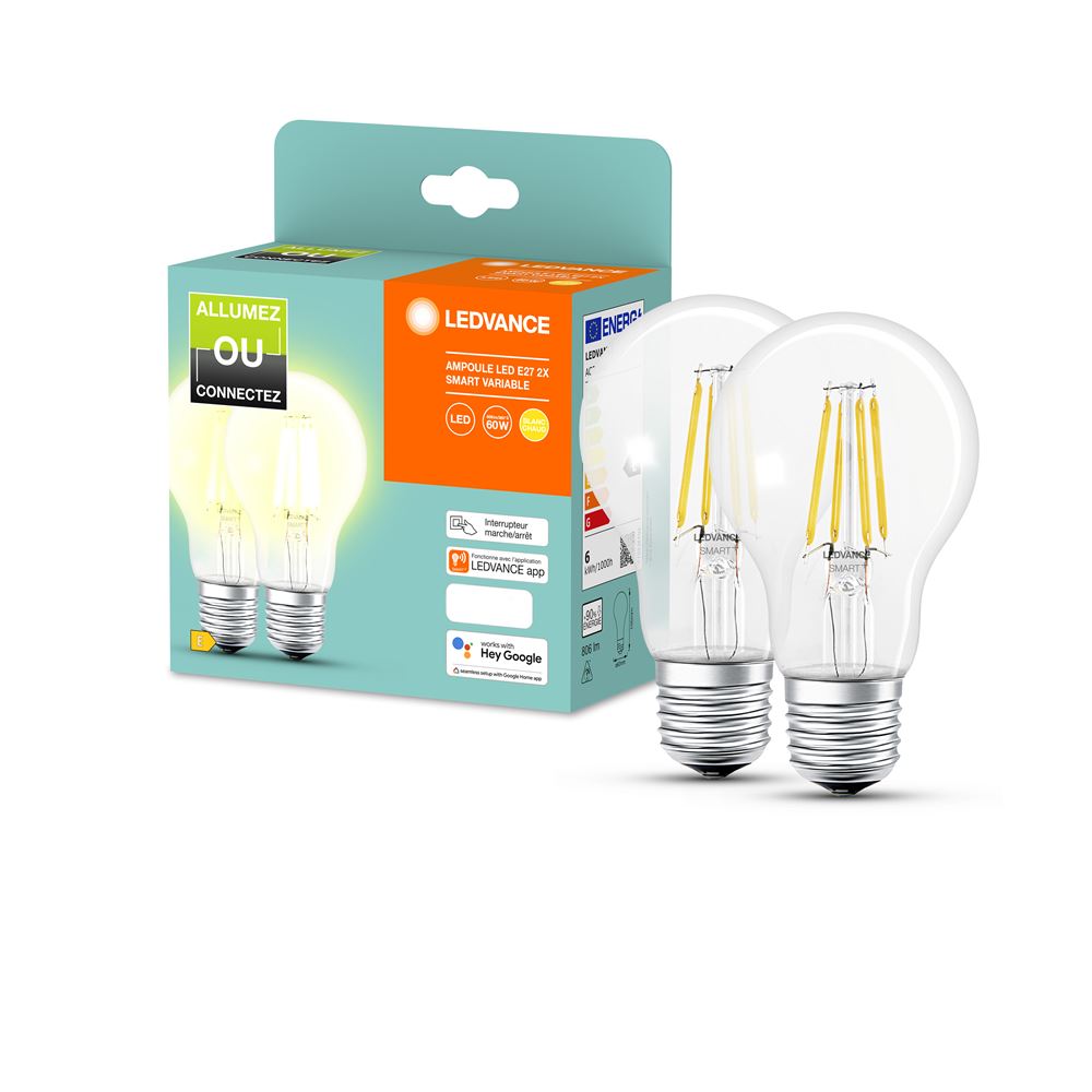 Pack de 2 ampoules connectées Ledvance Smart variable Filament Claire E27 60W Transparent ...
