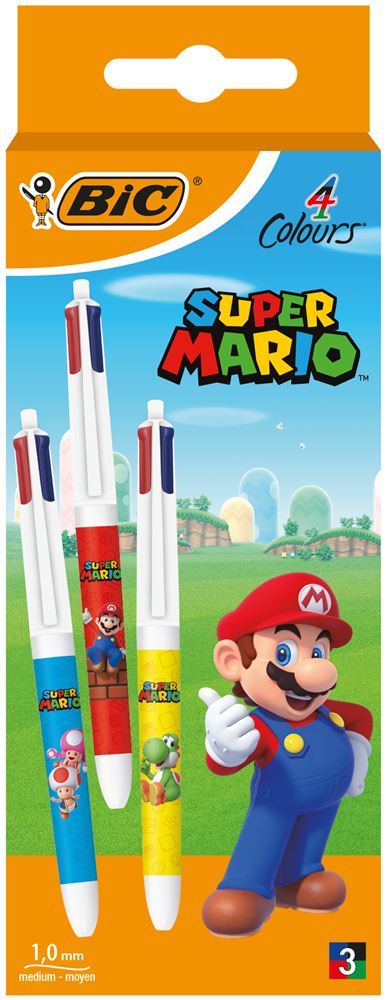 Pack de 4 stylos à bille BIC Super Mario Retractable Pointe Moyenne 1,0 ...