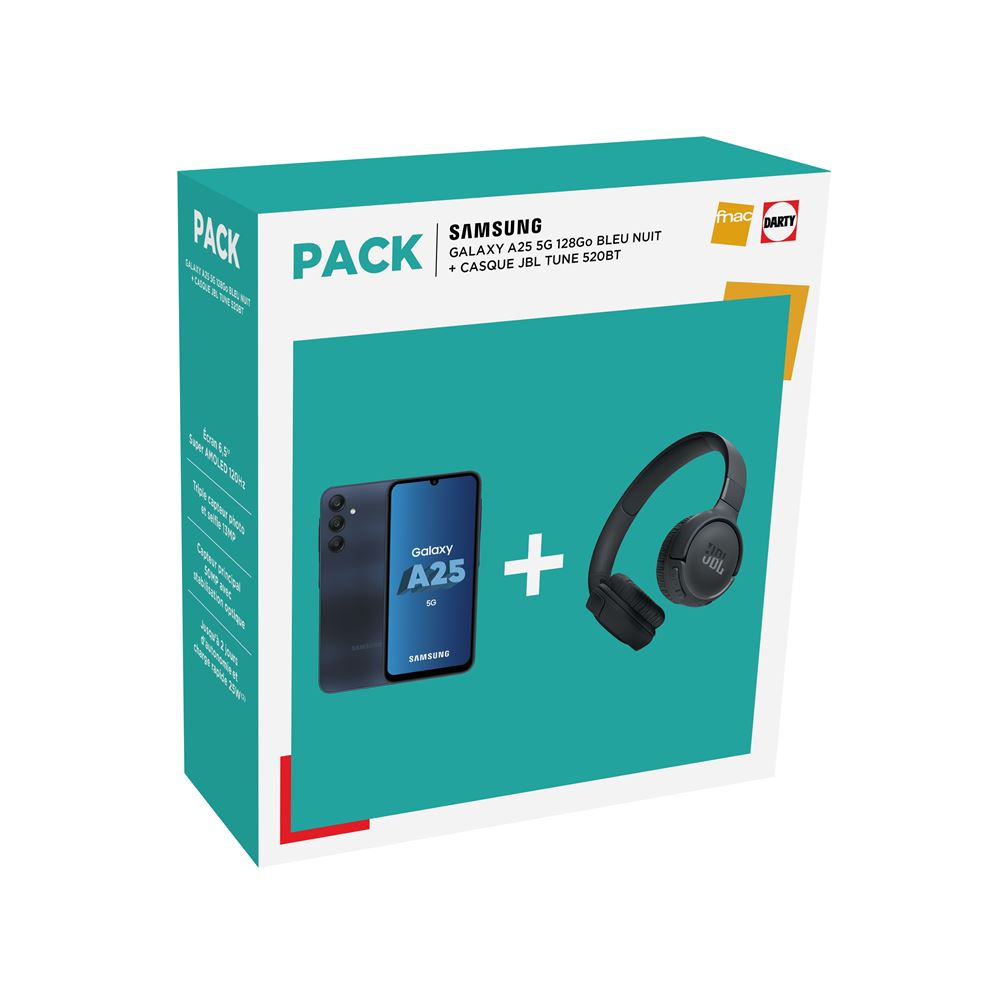 Pack Smartphone Samsung Galaxy A25 6,5" 5G Double nano SIM 128 Go Bleu nuit + Casque Bluetooth ...