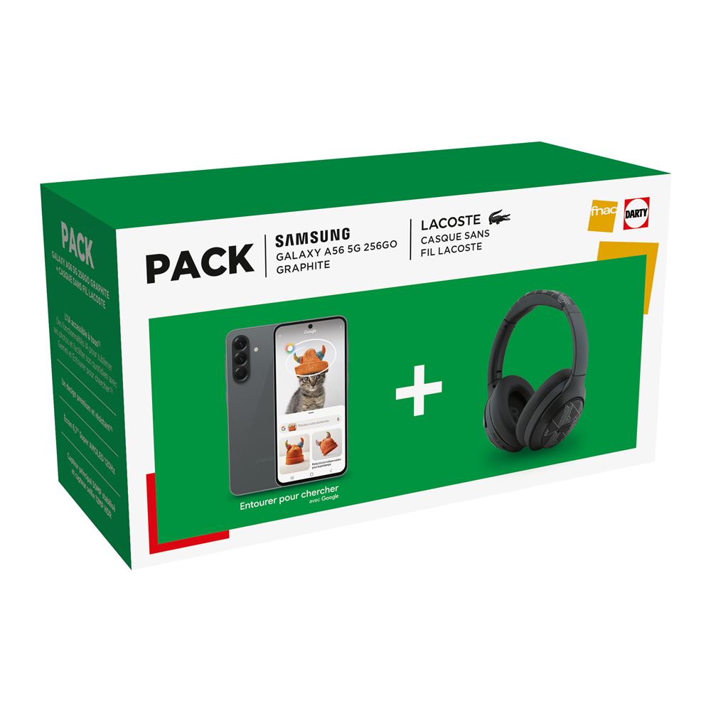 Pack Smartphone Samsung Galaxy A56 6,7” 5G Nano SIM 256 Go Graphite + Casque sans fil Lacoste ...
