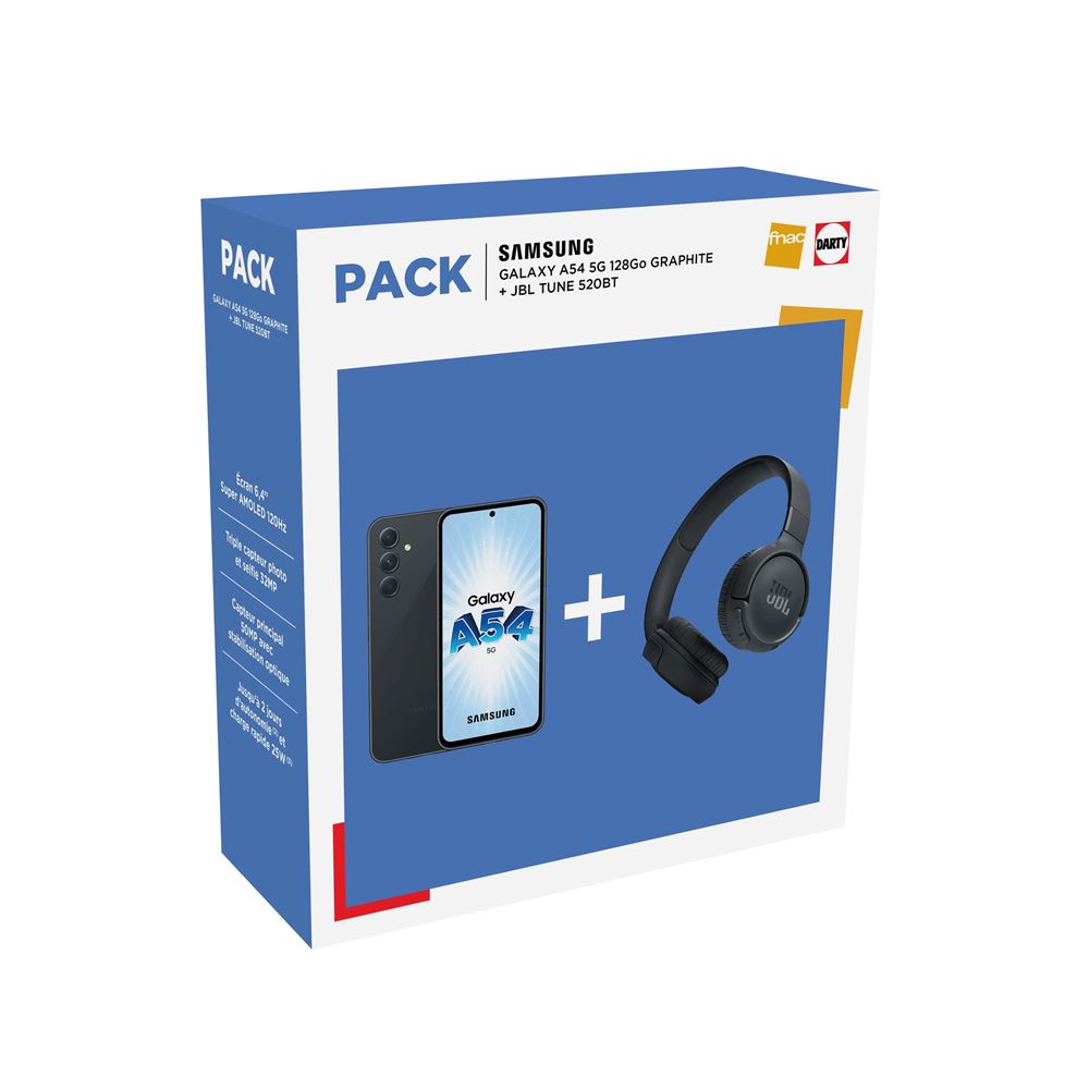-10% sur Pack Fnac Smartphone Samsung Galaxy A54 6.4" 5G Double SIM 128 Go Noir + Casque arceau ...