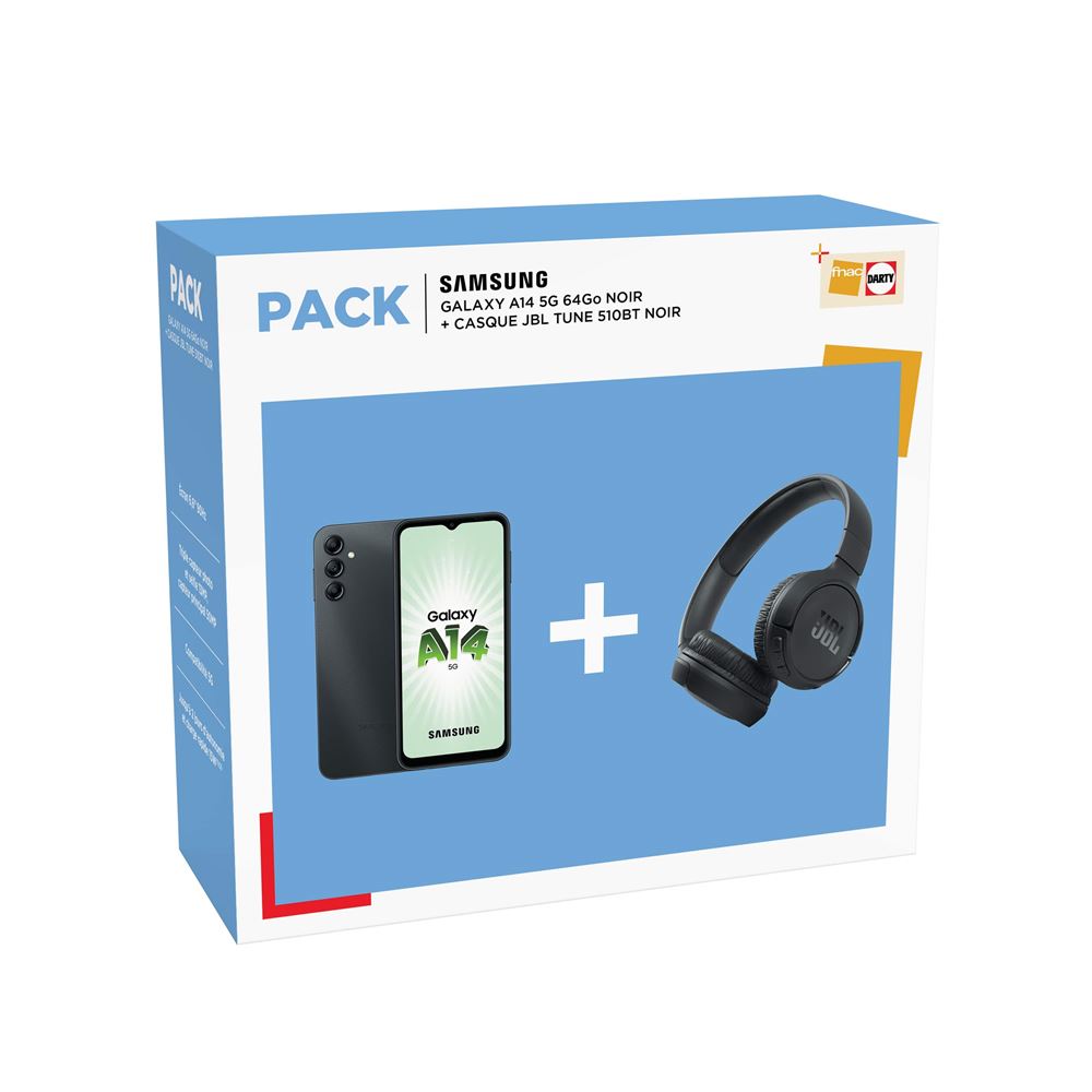 Pack Smartphone Samsung A14 6.6" 5G Nano SIM 64 Go Noir + Casque supra-auriculaire sans fil JBL ...