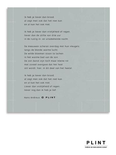Plint servet 'Ik heb je liever dan brood' Hans Andreus Plint poëten aan ...