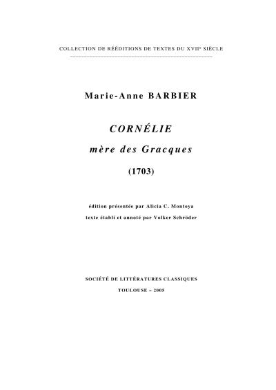 Cornélie mère des Gracques 1703 - broché - Marie-Armelle Barbier ...