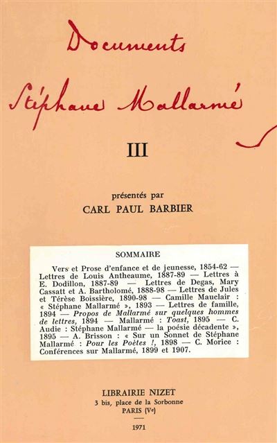 Documents Stéphane Mallarmé III T3 - broché - Stéphane Mallarmé, Carl ...