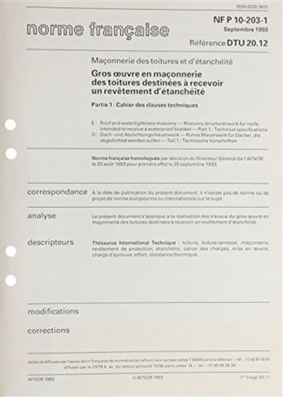 Dtu 20.12. gros oeuvre en maconnerie des toitures destinees a recevoir ...
