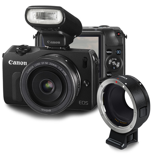 Canon EOS M Preta + EF-M 22mm f/2 STM + Adaptador EF-EOS M + Flash 90EX ...